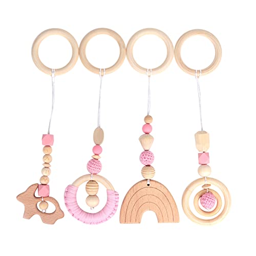 Mersuii 4Pcs Wooden Baby Gym Baby Hanging Toys Wooden Circle Activity Gym Hanging Bar Interactive Toys Baby Gift Children Room Decoration Pendant