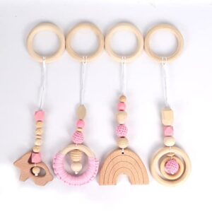 Mersuii 4Pcs Wooden Baby Gym Baby Hanging Toys Wooden Circle Activity Gym Hanging Bar Interactive Toys Baby Gift Children Room Decoration Pendant