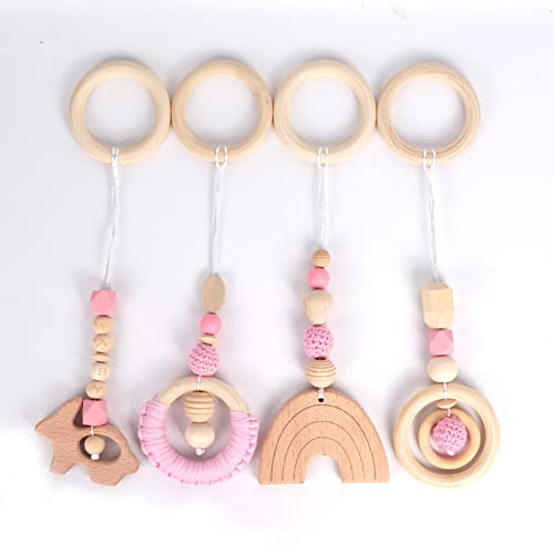 Mersuii 4Pcs Wooden Baby Gym Baby Hanging Toys Wooden Circle Activity Gym Hanging Bar Interactive Toys Baby Gift Children Room Decoration Pendant