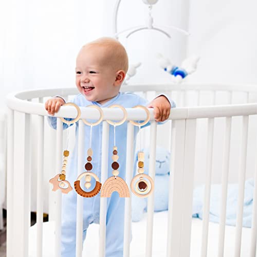 Mersuii 4Pcs Wooden Baby Gym Baby Hanging Toys Wooden Circle Activity Gym Hanging Bar Interactive Toys Baby Gift Children Room Decoration Pendant