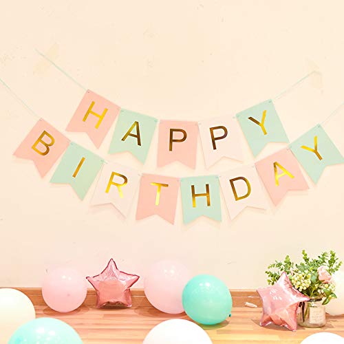 Happy Birthday Banner Girls Party Decorations, Pink&Green&White Girls Birthday Wall Banner, Mint & Pink Banner Garland for Girl Women Birthday Party Decorations Supplies