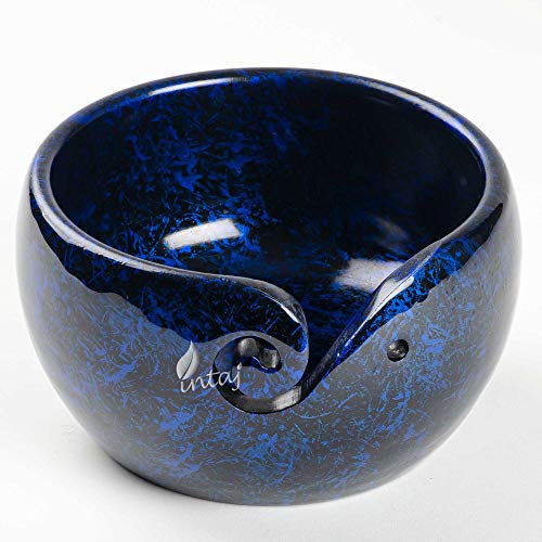 INTAJ Rosewood Yarn Bowl - Yarn Knitting Bowl Handcrafted - Christmas Gift - Wooden Yarn Bowl for Knitting and Crocheting (Large - 6x4", Blue Patch)