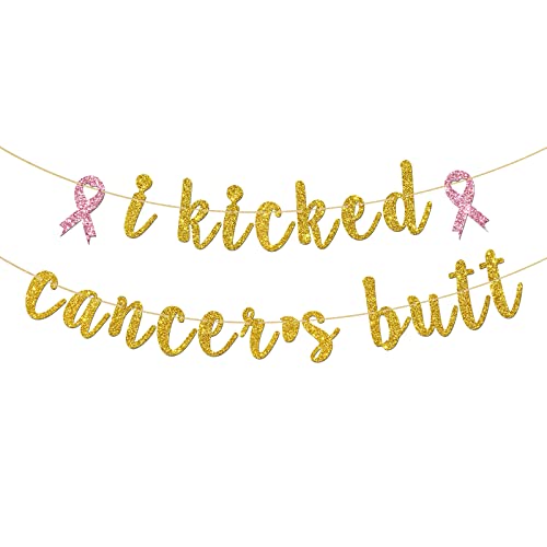 INNORU I Kicked Cancer's Butt Banner, Cancer Surviving Party Decorations, Pink Ribbon Hope, Cancer Theme Party Decoration Gold Glitter