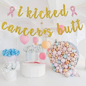 INNORU I Kicked Cancer's Butt Banner, Cancer Surviving Party Decorations, Pink Ribbon Hope, Cancer Theme Party Decoration Gold Glitter