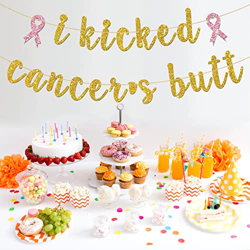 INNORU I Kicked Cancer's Butt Banner, Cancer Surviving Party Decorations, Pink Ribbon Hope, Cancer Theme Party Decoration Gold Glitter