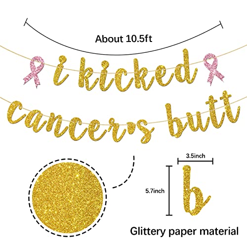 INNORU I Kicked Cancer's Butt Banner, Cancer Surviving Party Decorations, Pink Ribbon Hope, Cancer Theme Party Decoration Gold Glitter