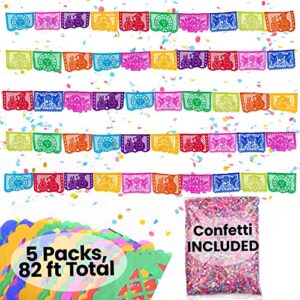 five packs, 82 ft mexican party banners plus 250 gr of multicolor confetti – authentic papel picado – handcrafted by mexican artisans – cinco de mayo decorations