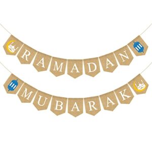 ptfny ramadan mubarak burlap banner muslim ramadan mubarak bunting banner garland with moon castle lantern signs for islamic ramadan eid festival celebration mantle fireplace wall party decorations