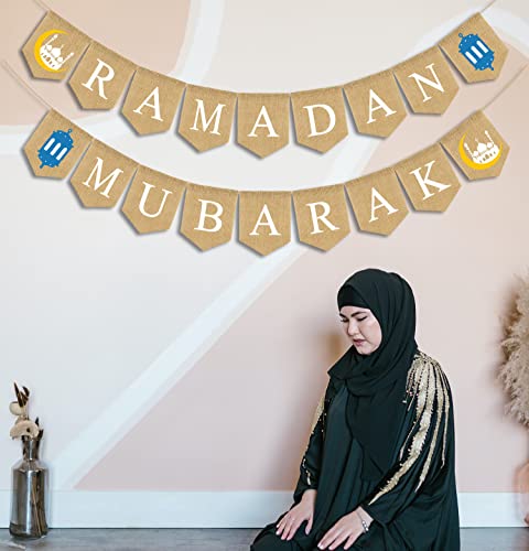 PTFNY Ramadan Mubarak Burlap Banner Muslim Ramadan Mubarak Bunting Banner Garland with Moon Castle Lantern Signs for Islamic Ramadan Eid Festival Celebration Mantle Fireplace Wall Party Decorations