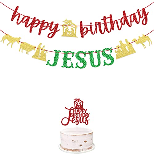 Happy Birthday Jesus Glitter Banner Pre-strung Happy Birthday Jesus Cake Topper for Christian Christmas Jesus' Birthday Decor