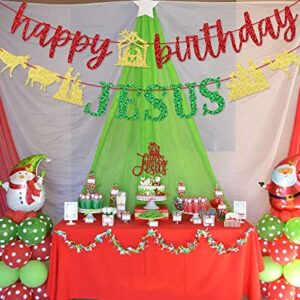 Happy Birthday Jesus Glitter Banner Pre-strung Happy Birthday Jesus Cake Topper for Christian Christmas Jesus' Birthday Decor