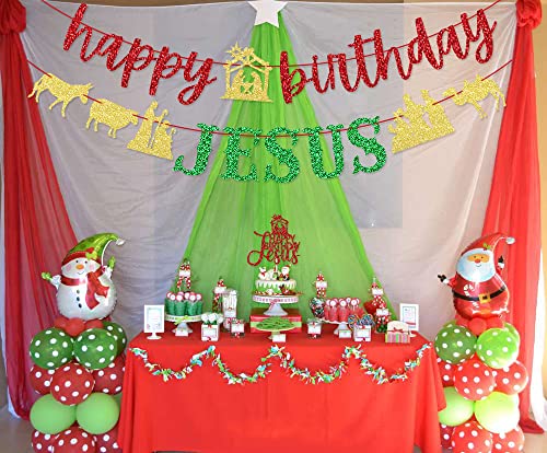 Happy Birthday Jesus Glitter Banner Pre-strung Happy Birthday Jesus Cake Topper for Christian Christmas Jesus' Birthday Decor