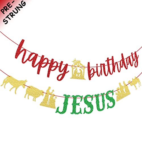 Happy Birthday Jesus Glitter Banner Pre-strung Happy Birthday Jesus Cake Topper for Christian Christmas Jesus' Birthday Decor