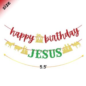 Happy Birthday Jesus Glitter Banner Pre-strung Happy Birthday Jesus Cake Topper for Christian Christmas Jesus' Birthday Decor