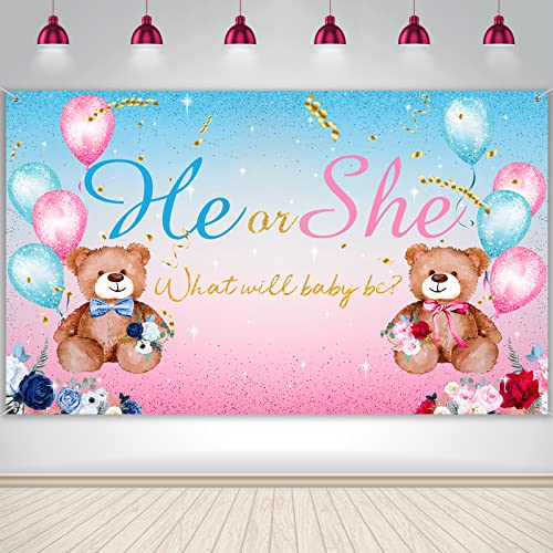 Bear Gender Reveal Party Decoration He or She Gender Reveal Backdrop Banner What Will Baby Be Background Blue Pink Bear Banner for Baby Shower Wall Decorations, 5.9 x 3.6 ft