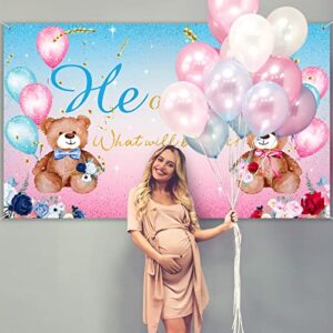 Bear Gender Reveal Party Decoration He or She Gender Reveal Backdrop Banner What Will Baby Be Background Blue Pink Bear Banner for Baby Shower Wall Decorations, 5.9 x 3.6 ft