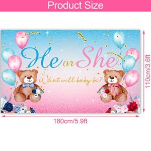 Bear Gender Reveal Party Decoration He or She Gender Reveal Backdrop Banner What Will Baby Be Background Blue Pink Bear Banner for Baby Shower Wall Decorations, 5.9 x 3.6 ft