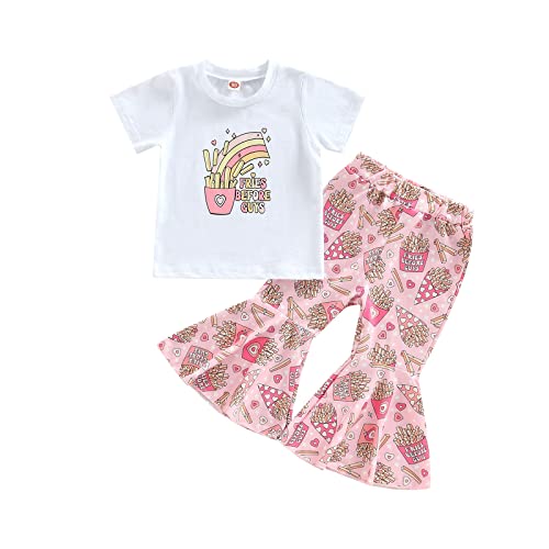 Toddler Baby Girls Valentine's Day Outfit Casual Short Sleeve T-Shirt Tops Heart Fries Flare Pants Bell Bottoms Clothes (Pink, 4-5 Years)