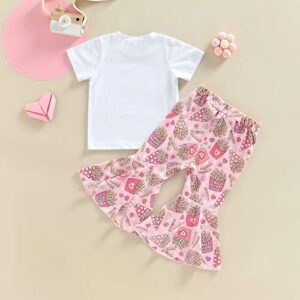 Toddler Baby Girls Valentine's Day Outfit Casual Short Sleeve T-Shirt Tops Heart Fries Flare Pants Bell Bottoms Clothes (Pink, 4-5 Years)