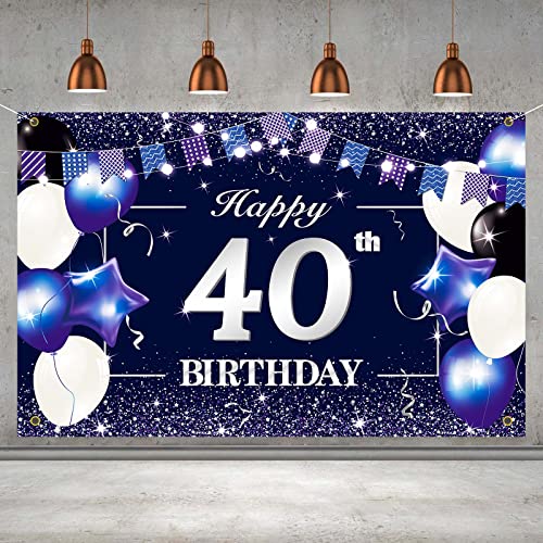 P.G Collin Happy 40th Birthday Banner Backdrop Sign Background 40 Birthday Party Decorations Supplies for Him Men 6 x 4ft, Blue White 40 (HB40-BS)