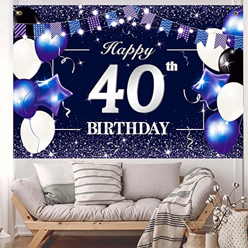 P.G Collin Happy 40th Birthday Banner Backdrop Sign Background 40 Birthday Party Decorations Supplies for Him Men 6 x 4ft, Blue White 40 (HB40-BS)