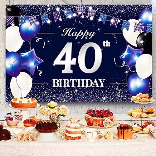 P.G Collin Happy 40th Birthday Banner Backdrop Sign Background 40 Birthday Party Decorations Supplies for Him Men 6 x 4ft, Blue White 40 (HB40-BS)