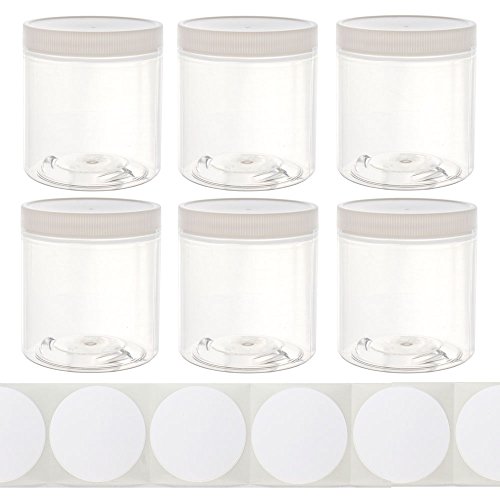 8oz Plastic Wide-Mouth Storage Jars (6 pack) with labels - Large straight-sided clear empty refillable containers with white screw-on lids - 70mm 70-400 70/400