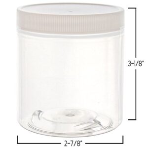 8oz Plastic Wide-Mouth Storage Jars (6 pack) with labels - Large straight-sided clear empty refillable containers with white screw-on lids - 70mm 70-400 70/400