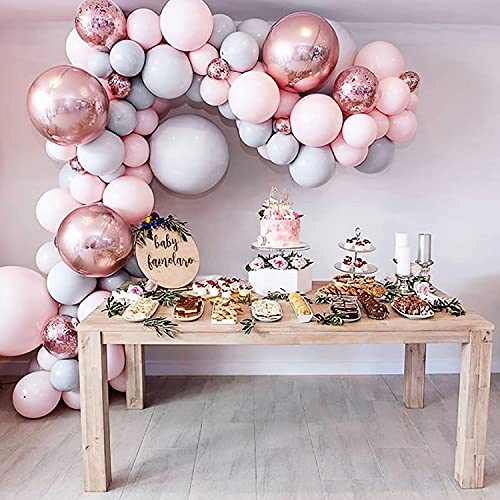 Eanjia Balloon Arch & Garland Kit Double-Stuffed 5"-18" Pastels Pink Gray Rose Gold Confetti Balloons Bulk 16ft for Wedding Baby Shower Birthday Party Shop Decoration (Pink)