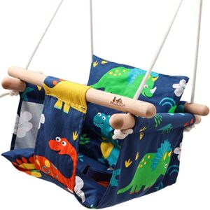 nuewec baby canvas swing seat with soft cotton cushions, hanging indoor swing for outdoor and indoor for toddler boys and girls, carabiners and straps, mounting hardware included (dinosaur design)