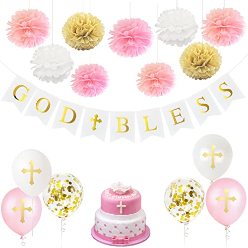 CHRORINE Baptism First Communion Confirmation Decorations for Girls, Mi Bautizo Decorations, God Bless Banner, Balloons- Pink Set