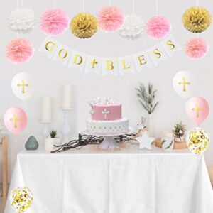 CHRORINE Baptism First Communion Confirmation Decorations for Girls, Mi Bautizo Decorations, God Bless Banner, Balloons- Pink Set