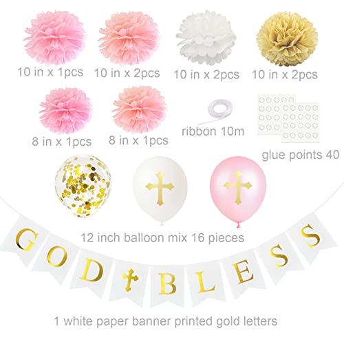 CHRORINE Baptism First Communion Confirmation Decorations for Girls, Mi Bautizo Decorations, God Bless Banner, Balloons- Pink Set