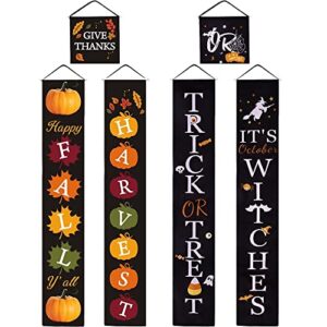 3 pieces thanksgiving reversible banner happy fall harvest and halloween trick or treat witches banner thanksgiving halloween day porch sign hanging sign for fall decorations outdoor (black)