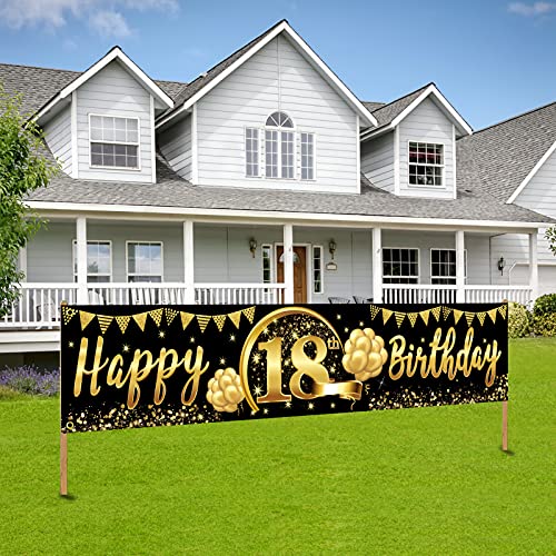 18th Birthday Banner Decorations for Men Girls, Black Gold Happy 18th Birthday Party Supplies, 18 Birthday Party Decor Sign