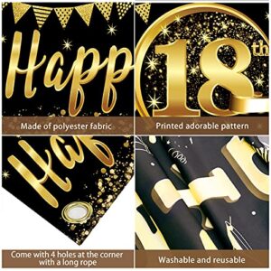 18th Birthday Banner Decorations for Men Girls, Black Gold Happy 18th Birthday Party Supplies, 18 Birthday Party Decor Sign