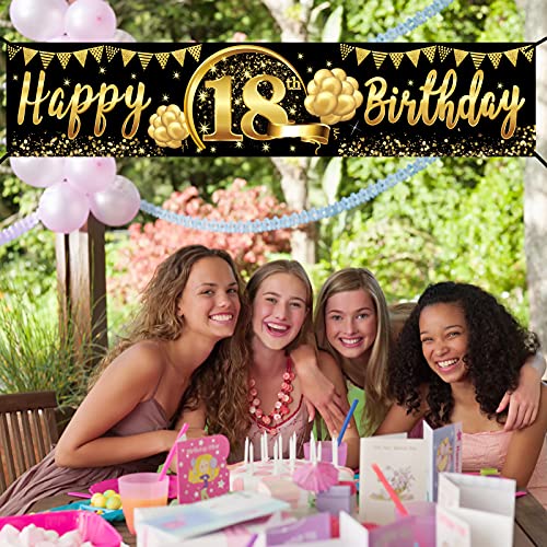 18th Birthday Banner Decorations for Men Girls, Black Gold Happy 18th Birthday Party Supplies, 18 Birthday Party Decor Sign