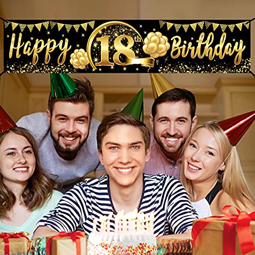 18th Birthday Banner Decorations for Men Girls, Black Gold Happy 18th Birthday Party Supplies, 18 Birthday Party Decor Sign