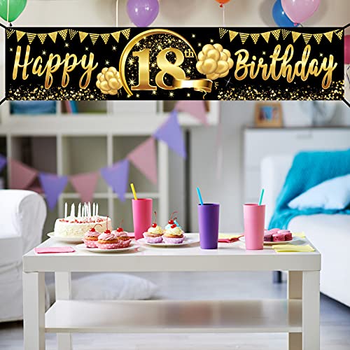 18th Birthday Banner Decorations for Men Girls, Black Gold Happy 18th Birthday Party Supplies, 18 Birthday Party Decor Sign