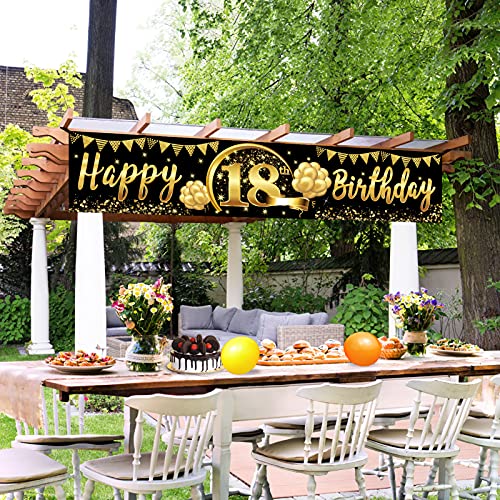 18th Birthday Banner Decorations for Men Girls, Black Gold Happy 18th Birthday Party Supplies, 18 Birthday Party Decor Sign