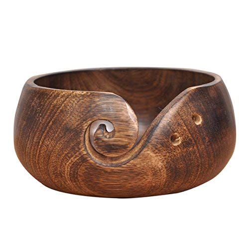 Kitchen Supplier Wooden Yarn bowl hand made by Indian Artisans with Premium Mango wood for knitting and Crochet - with holes to keep knitting needles - Christmas Collection 2021