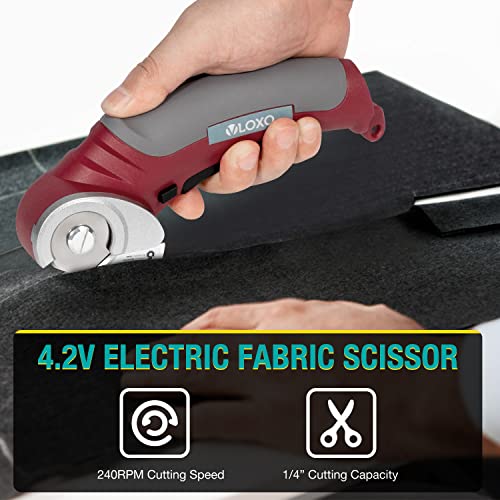 VLOXO Cordless Electric Scissors, Rotary Cutter for Fabric with Safety Lock, 4.2V Cardboard Cutter Multi-Cutting Tools, Rechargeable Powerful Fabric Cutter for Carpet Leather Felt with Storage Box