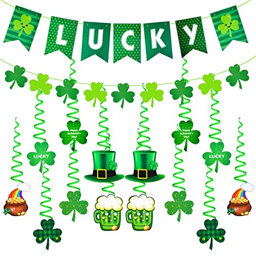 Happy St Patrick's Day Decorations, St. Patrick Day Banner Hanging Shamrock Swirls Clover Garland Green 'Lucky' Banner Party Favors Decorations Supplies for Home School Classroom