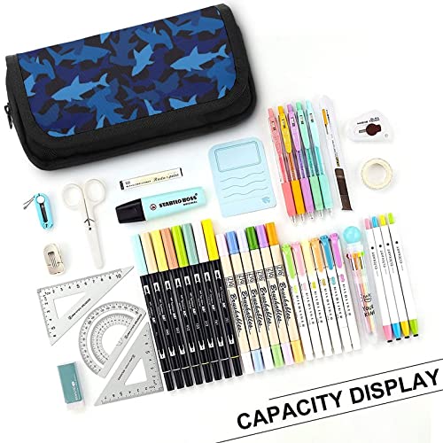 Blue Camo Sharks Large Capacity Pencil Case Multi-Slot Pencil Bag Portable Pen Storage Pouch with Zipper