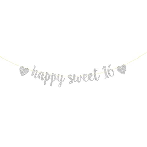 Dill-Dall Silver Glitter Happy Sweet 16 Banner, Cheer to16 Years Sweet Sixteen Decoration 16th Birthday Party Decorations