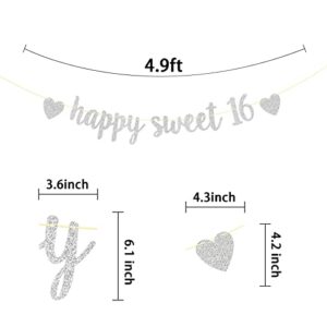 Dill-Dall Silver Glitter Happy Sweet 16 Banner, Cheer to16 Years Sweet Sixteen Decoration 16th Birthday Party Decorations