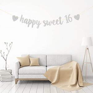 Dill-Dall Silver Glitter Happy Sweet 16 Banner, Cheer to16 Years Sweet Sixteen Decoration 16th Birthday Party Decorations