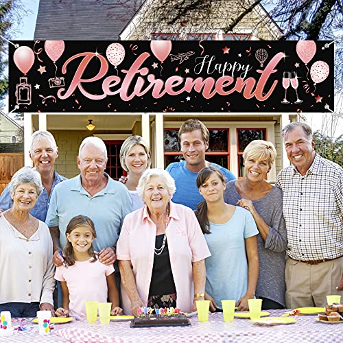 Happy Retirement Party Decoration Banner Rose Gold Retirement Wall Sign Large Fabric Retirement for Man Backdrop Retired Banner Party Booth Hanging Happy Retirement for Woman, 70.9 x 15.8 Inches