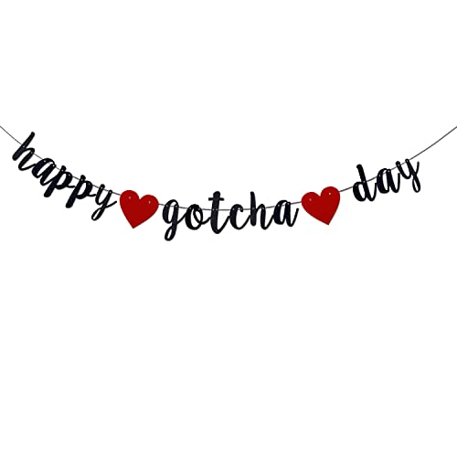 Happy Gotcha Day Banner,Black Glitter Pre-Strung Pet Party Decorations Supplies, Dog Cat Gotcha Party Bunting Garland