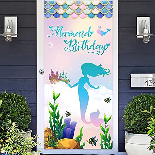 Mermaid Happy Birthday Banner Backdrop Background Castle Tropical Fish Scales Under The Sea Theme Decorations Decor for Girls Princess Daughter 1st Birthday Party Baby Shower Flag Supplies Favors